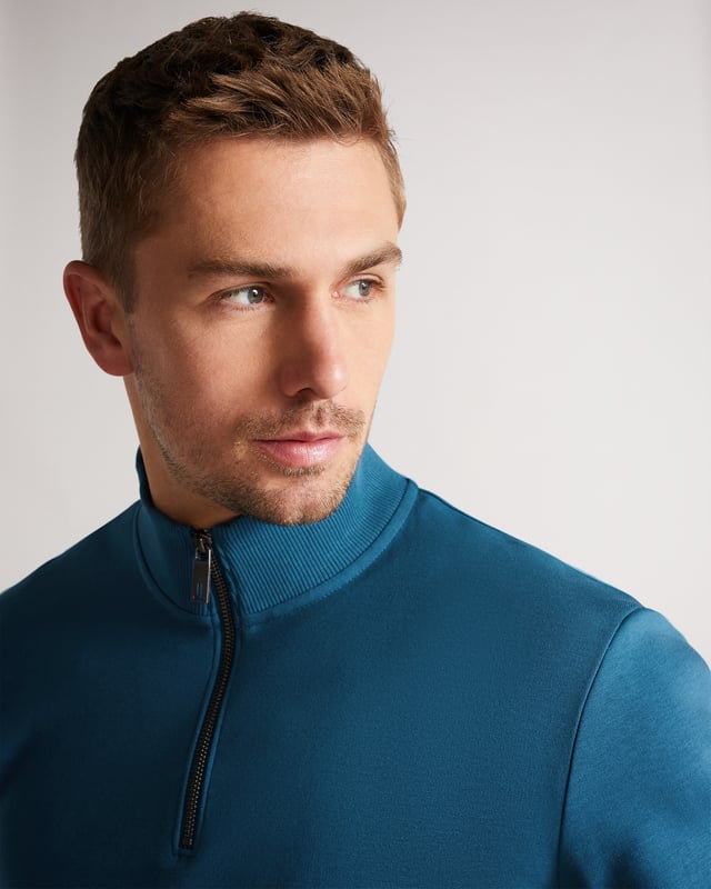 Ted Baker Antram Long-Sleeved Half Zip Funnel Neck, Teal Blue