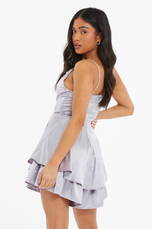 Petite Grey Satin Diamante Playsuit