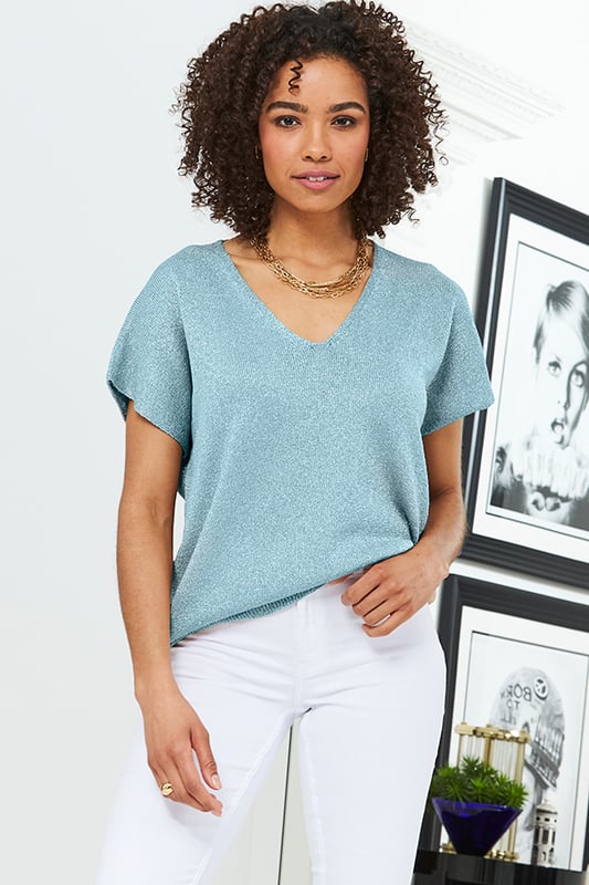 Soft Blue Metallic Short Sleeve Knitted Top