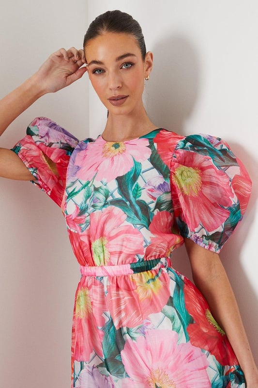 Floral Organza Puff Sleeve Midi Dress