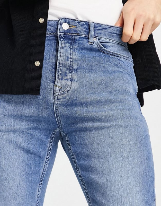 Topman stretch taper jeans in mid wash-Blue