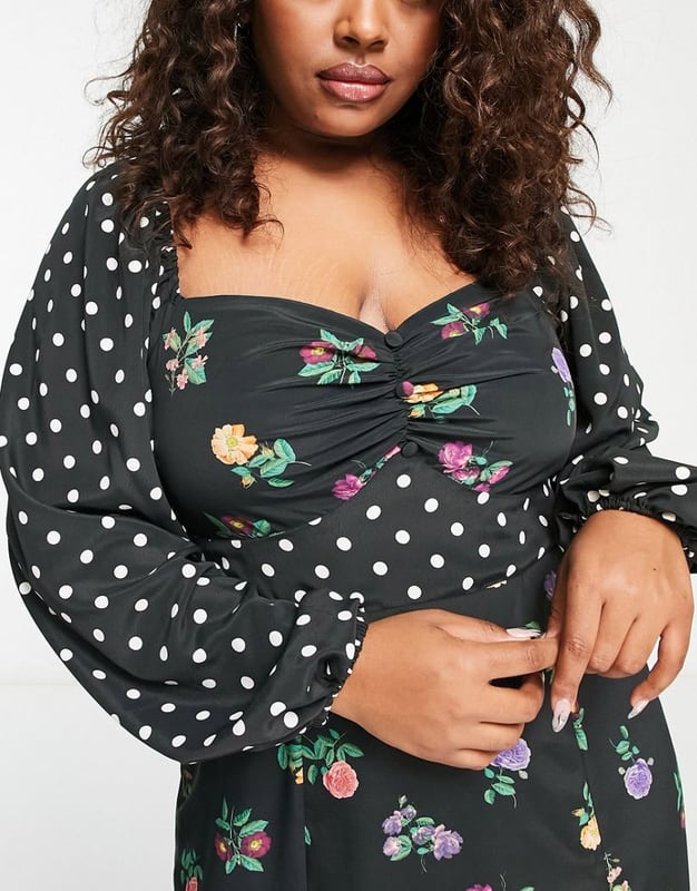ASOS DESIGN Curve long sleeve midi dress in mixed floral spot print-Multi