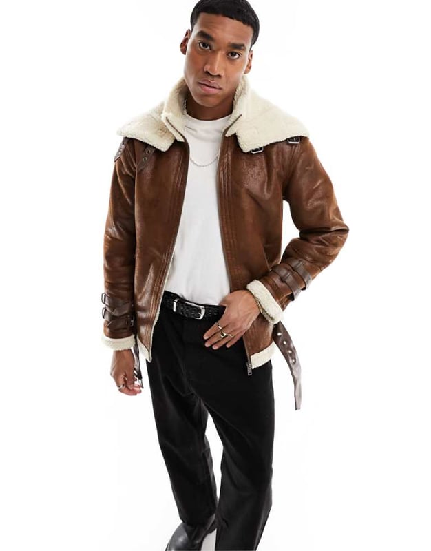ADPT faux shearling aviator jacket with buckle detail in tan-Brown