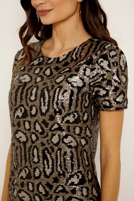 Gold Leopard Print Sequin Shift Dress