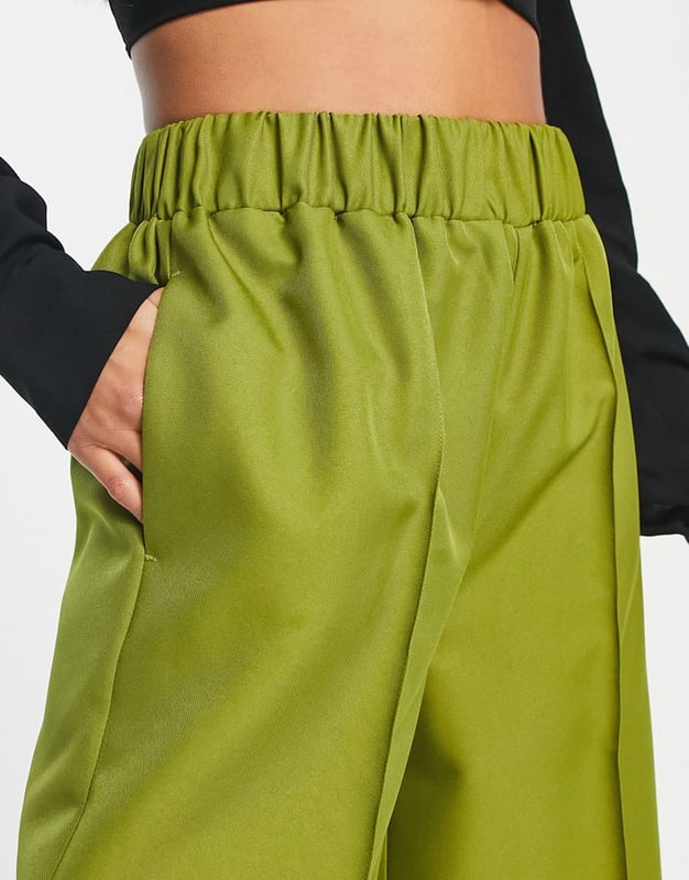 ASOS DESIGN Petite elastic waist tailored trouser in khaki green