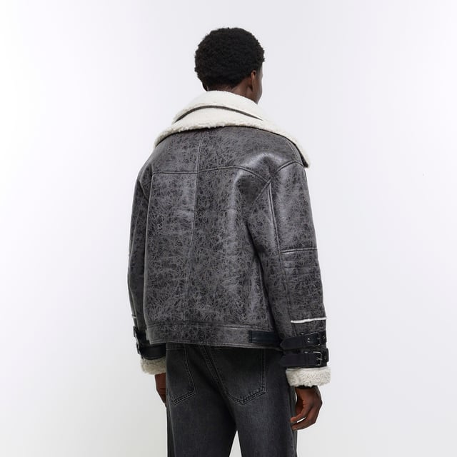 River Island Mens Aviator Jacket Grey Zip Up Shearling