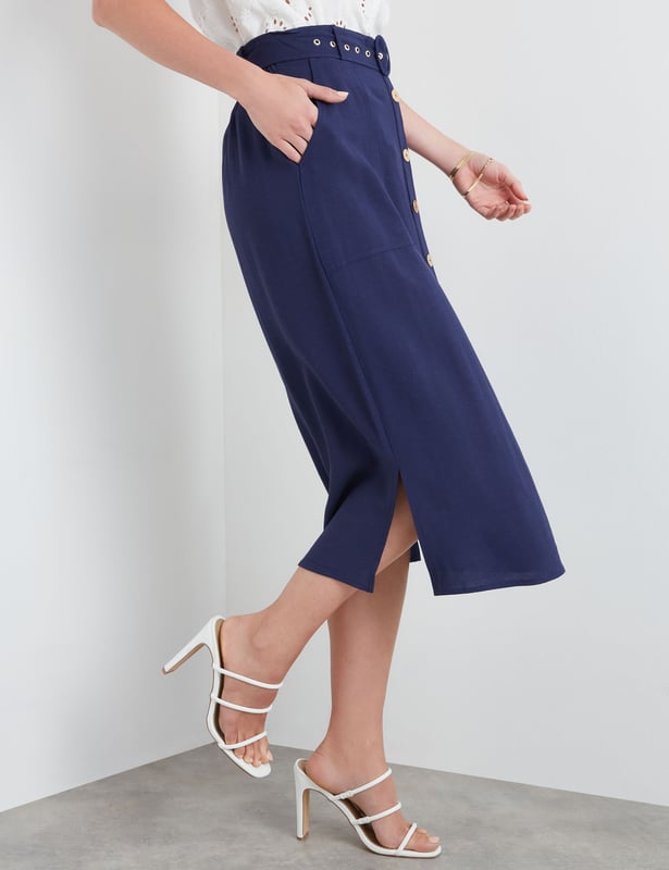 Womens Rockmans Midi Length Button Curved Hem Belted Skirt