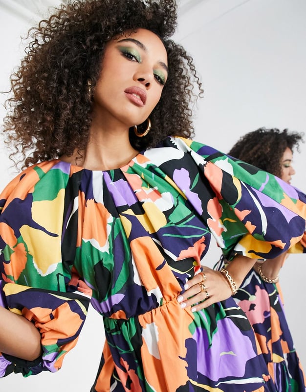 Asos Edition Volume Sleeve Midi Dress With Cut Out Back In Abstract
