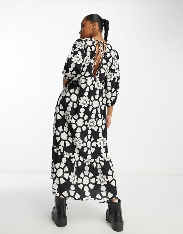 Asos Design Chuck On Smock Midi Dress In Mono Abstract Print Multi