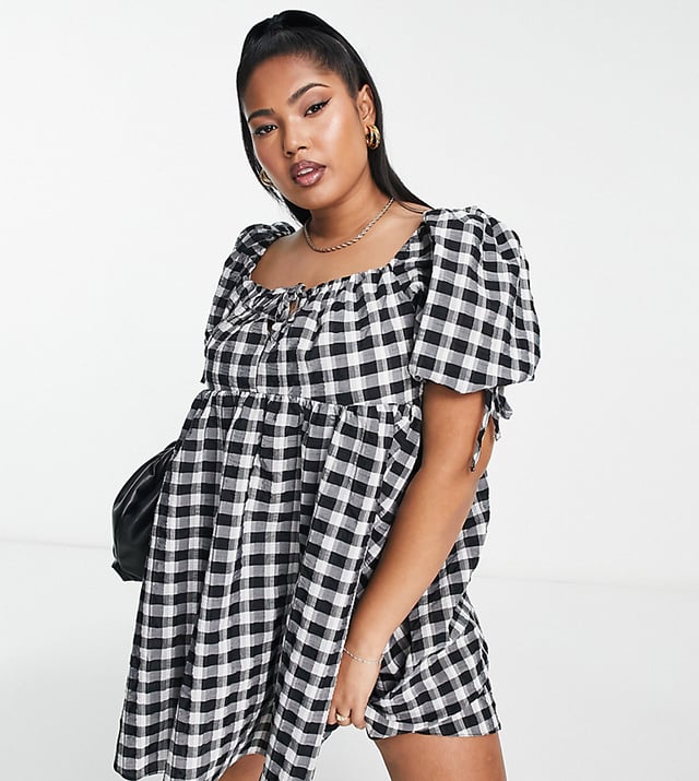 Asos Design Curve Exclusive Parachute Mini Smock Dress In Mono Check Multi