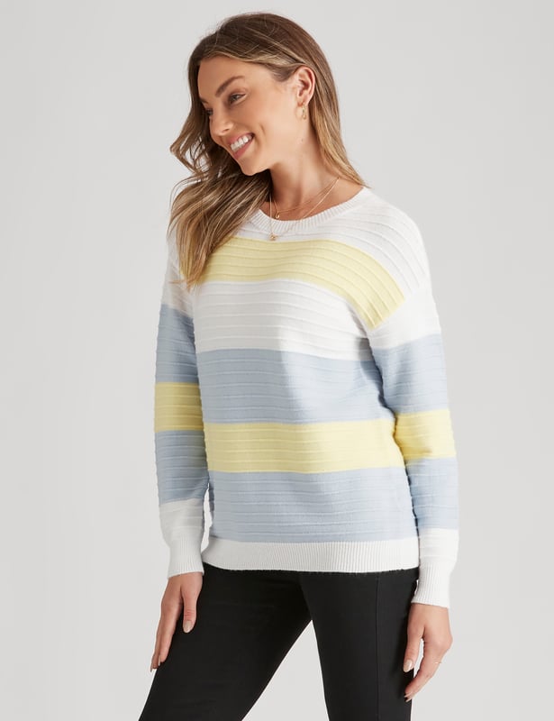 WOMENS Rockmans Long Sleeve Colour Block Ottoman Jumper