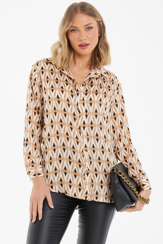 Camel Geometric Print Satin Shirt