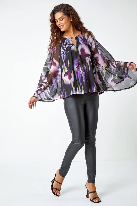 Floral Print Mesh Stretch Top