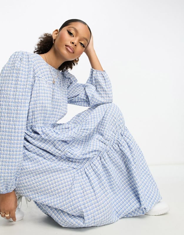 ASOS DESIGN gathered tiered maxi dress in blue picnic check-Multi