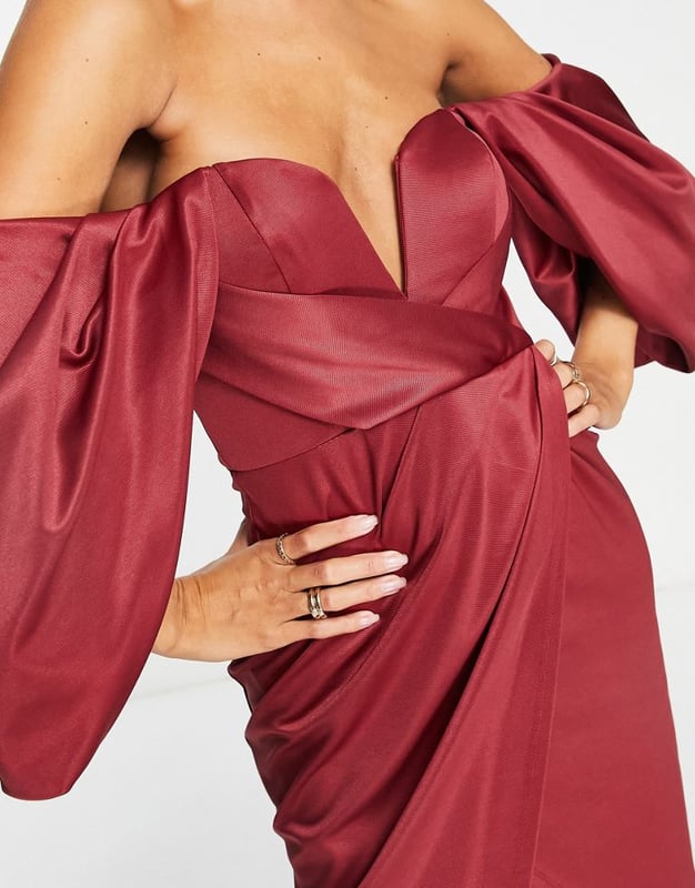 ASOS DESIGN draped sleeve bardot satin midi dress in red-Multi