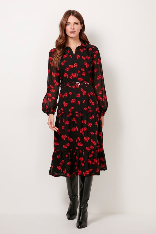 Red Poppy Print Tiered Shirt Dress