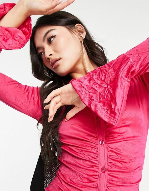ASYOU crinkle shirt dress in pink-Black