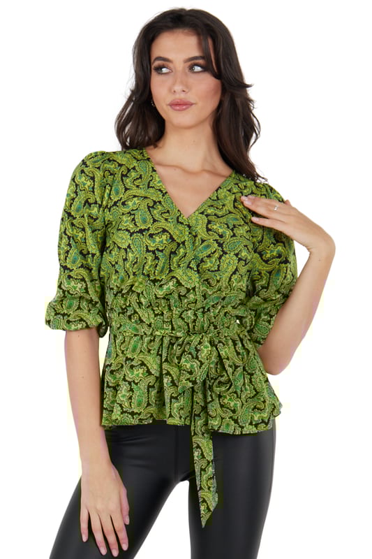 Black Paisley Print Wrap Top