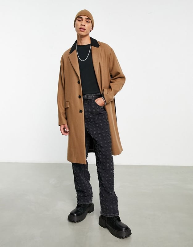 Topman wool blend unlined overcoat with colour block in stone and black ...