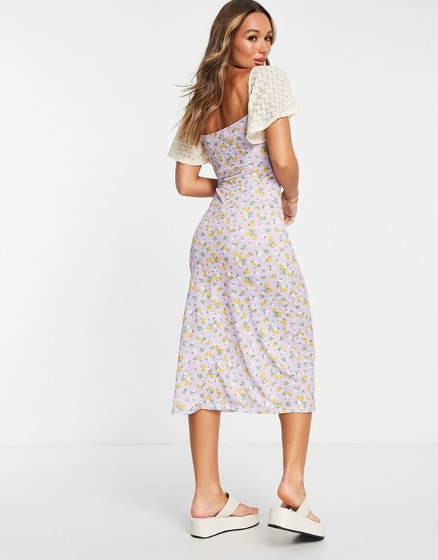 Asos Design Flutter Sleeve Tie Front Midi Tea Dress In Crochet And