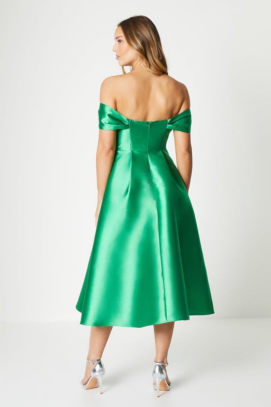 Bardot Strap Twill Midi Dress