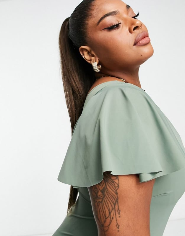 ASOS DESIGN Curve one shoulder flutter sleeve swimsuit in khaki-Green