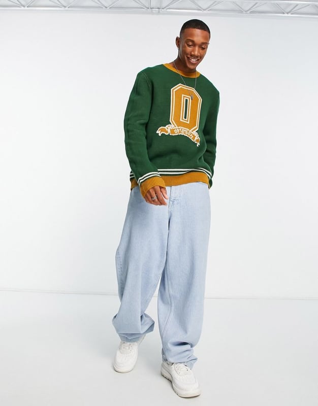 ASOS DESIGN knitted relaxed fit jumper with collegiate print in green