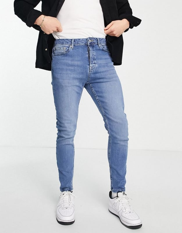 Topman stretch taper jeans in mid wash-Blue