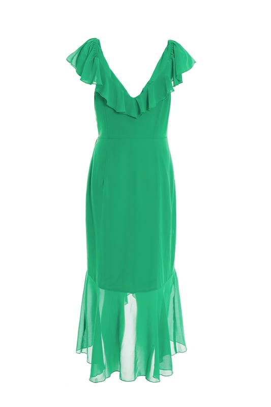 Green Wrap Frill Midi Dress