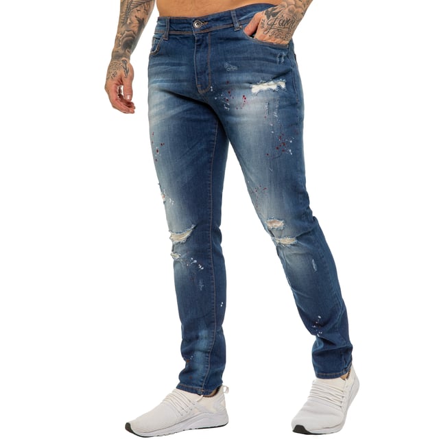 ENZO MENS SKINNY RIPPED SPLASHED JEANS