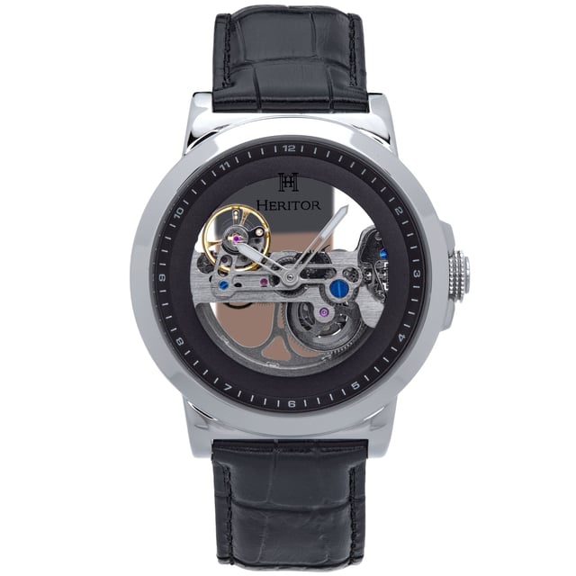 Heritor Automatic Xander Semi-Skeleton Leather-Band Watch