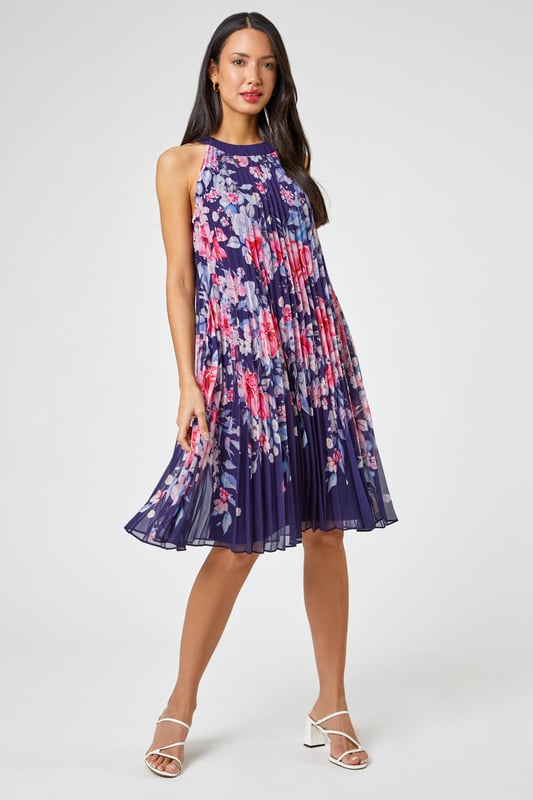 High Neck Floral Print Pleated Swing Dress