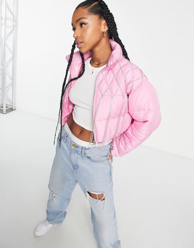 Miss Selfridge dripping diamante trim crop puffer jacket in pink