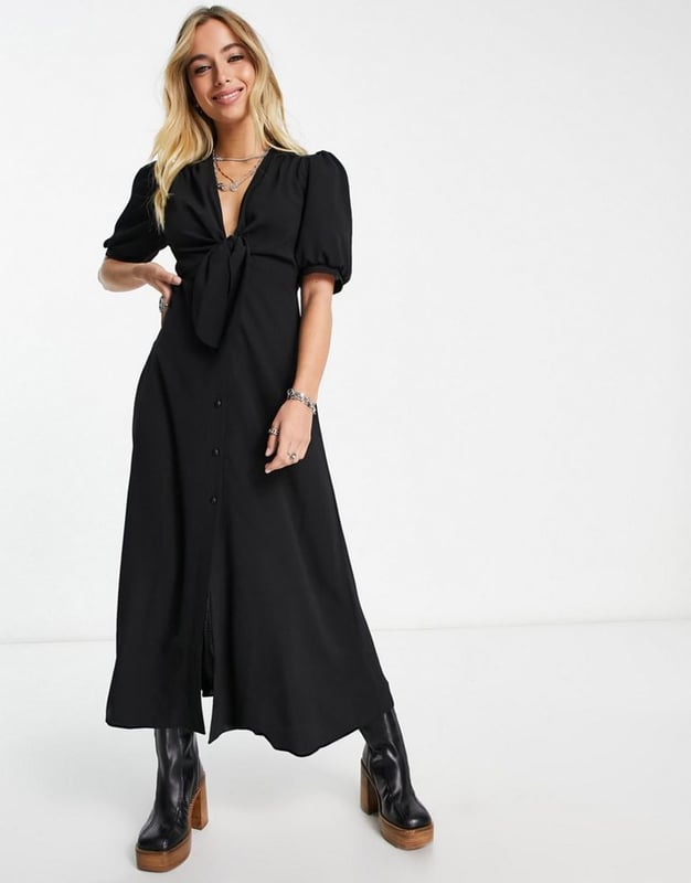 ASOS DESIGN tie front button through midi dress in black