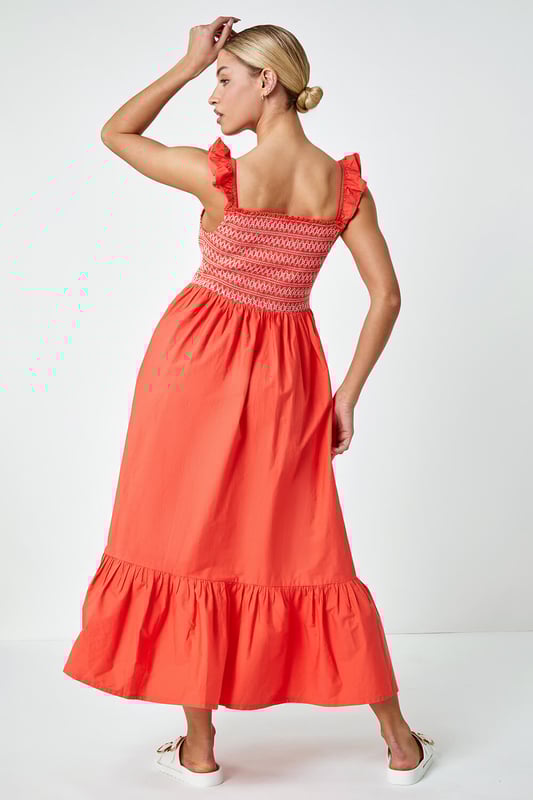 Frill Detail Shirred Stretch Midi Dress