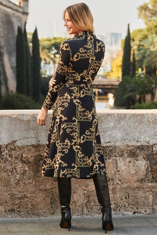 Black & Gold Baroque Print Midi Shirt Jersey Dress