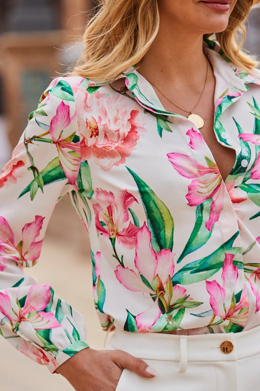 Ivory Floral Print Blouson Sleeve Satin Shirt