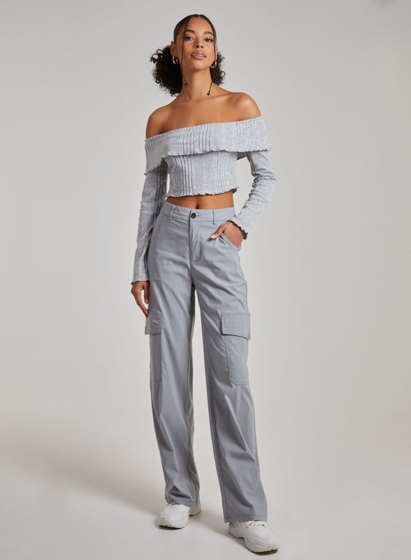 Wide Brushed Ribbed Bardot Top