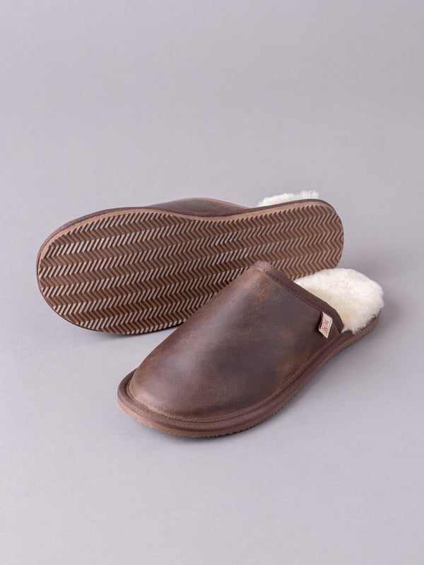 Men's Leather Sliders in Brown