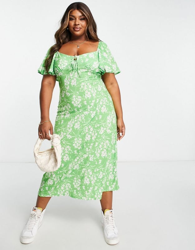 Asos Design Curve Flutter Sleeve Midi Tea Dress With Tie Detail In
