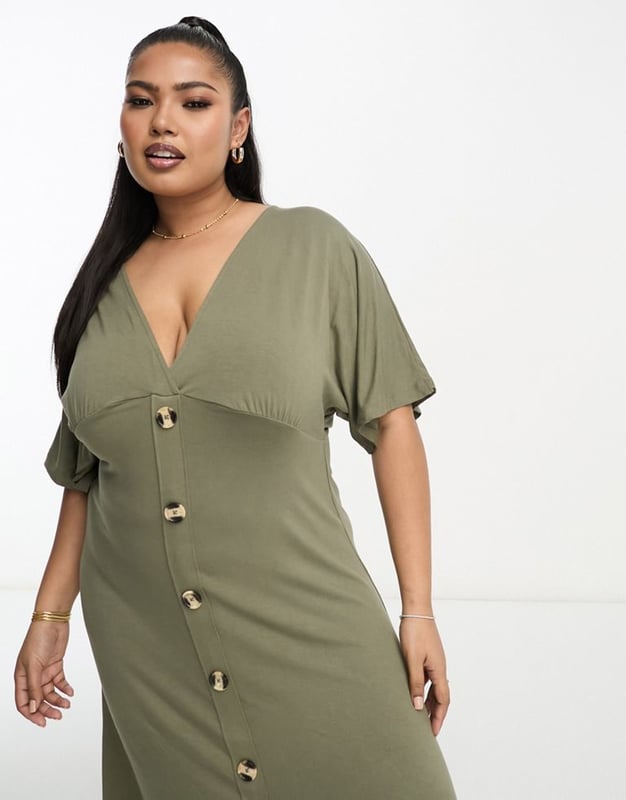 Asos Design Curve Flutter Sleeve Midi Tea Dress With Buttons In Khaki Green
