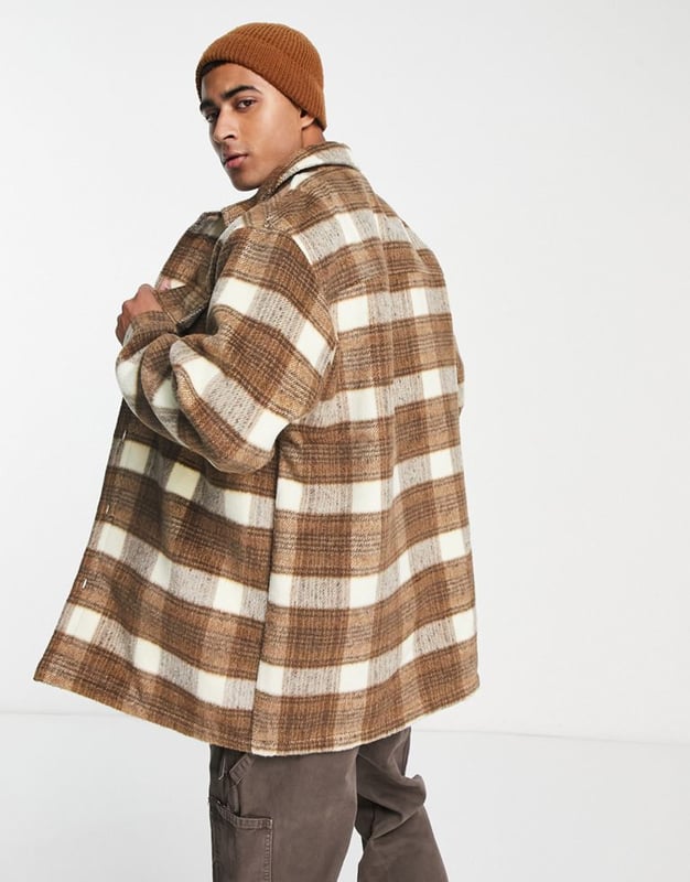 ASOS DESIGN wool mix check shacket in brown