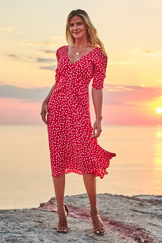 Red & White Spot Print Ruched Front Fit & Flare Dress