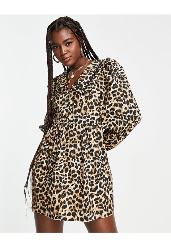 Miss Selfridge poplin rick rack collar mini dress in animal print-Brown
