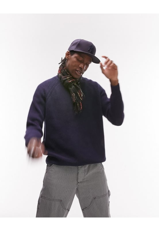 Topman classic fit knitted fisherman jumper in navy