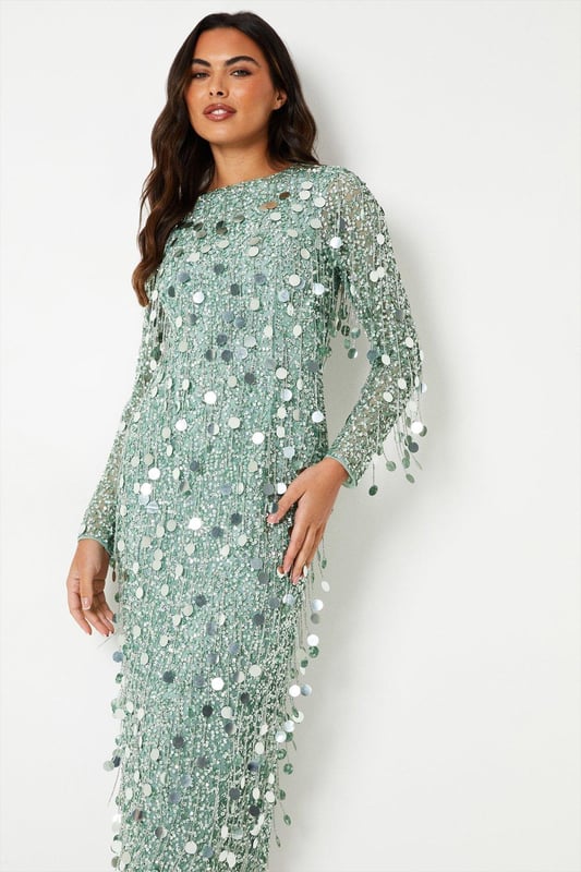 Premium Embellished Fringe And Disc Sequin Column Dress