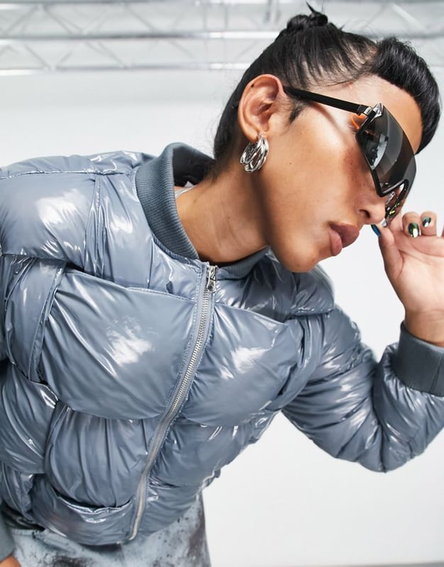 COLLUSION quilted weaved high shine puffer jacket in iced blue
