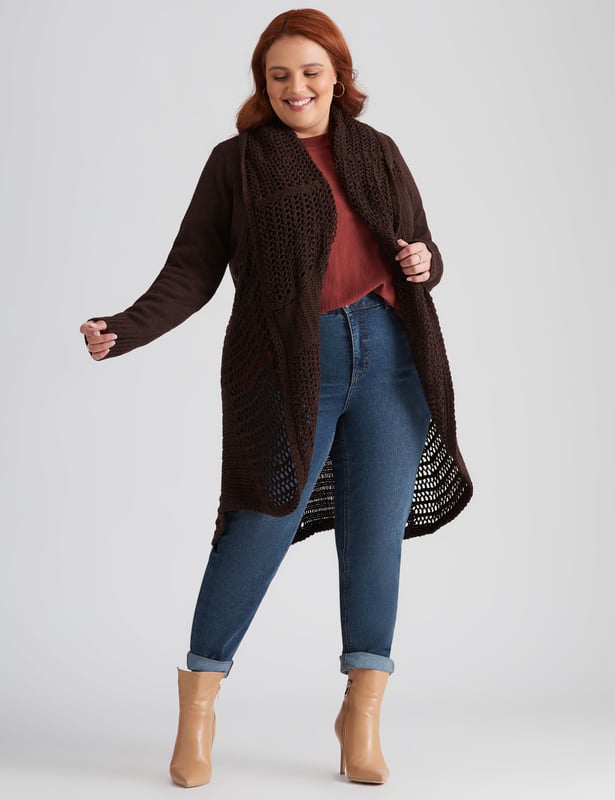 Womens Beme Long Sleeve Crochet Shawl Collar Edge To Edge Cardigan ...