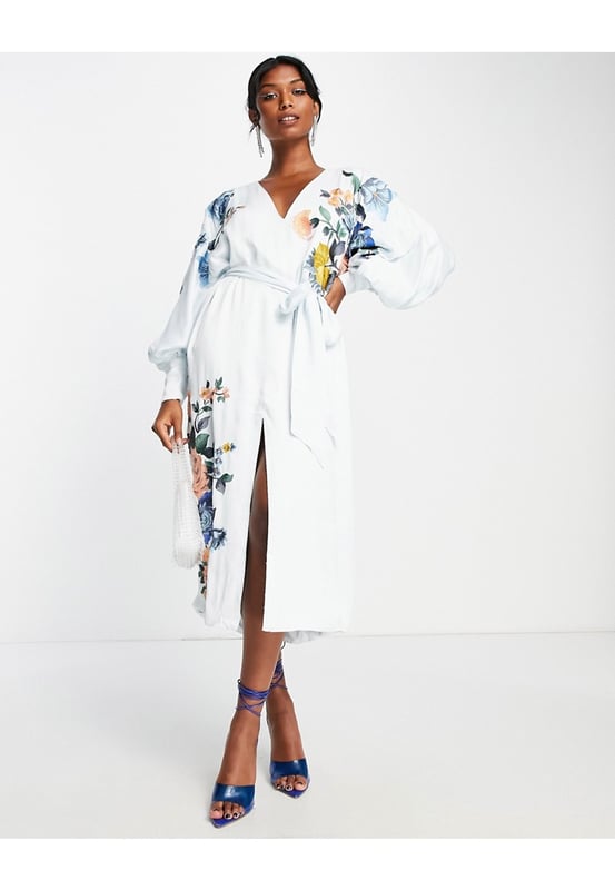 ASOS EDITION embroidered satin belted v neck midi dress in pale blue