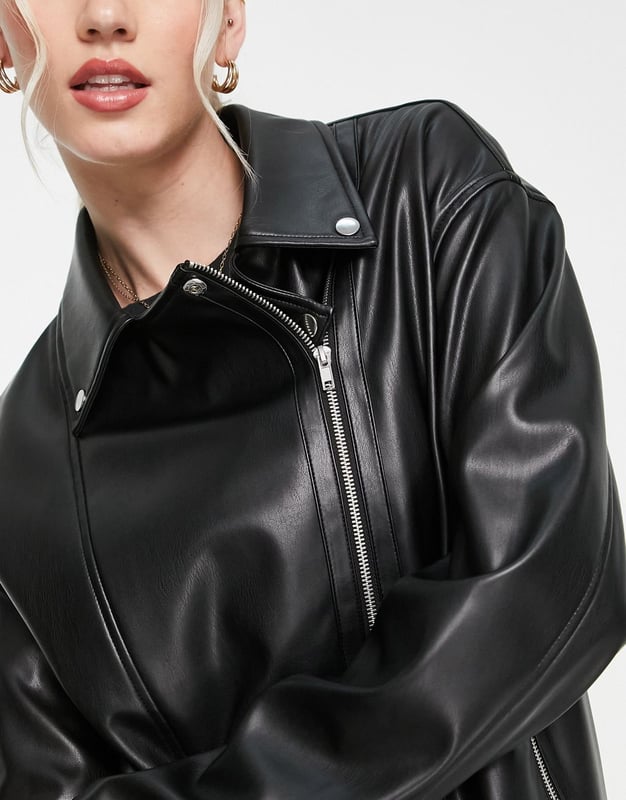 ASOS DESIGN Tall longline oversized faux leather biker jacket in black